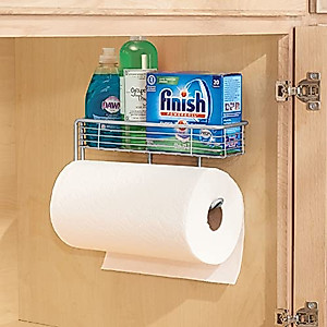 mDesign Wall Mount Metal Paper Towel Holder with Storage Shelf for Kitchen, Pantry, Laundry, Garage Organization - Shelf Holds Spice Bottles, Glass Jars, Oils and Vinegars - Chrome