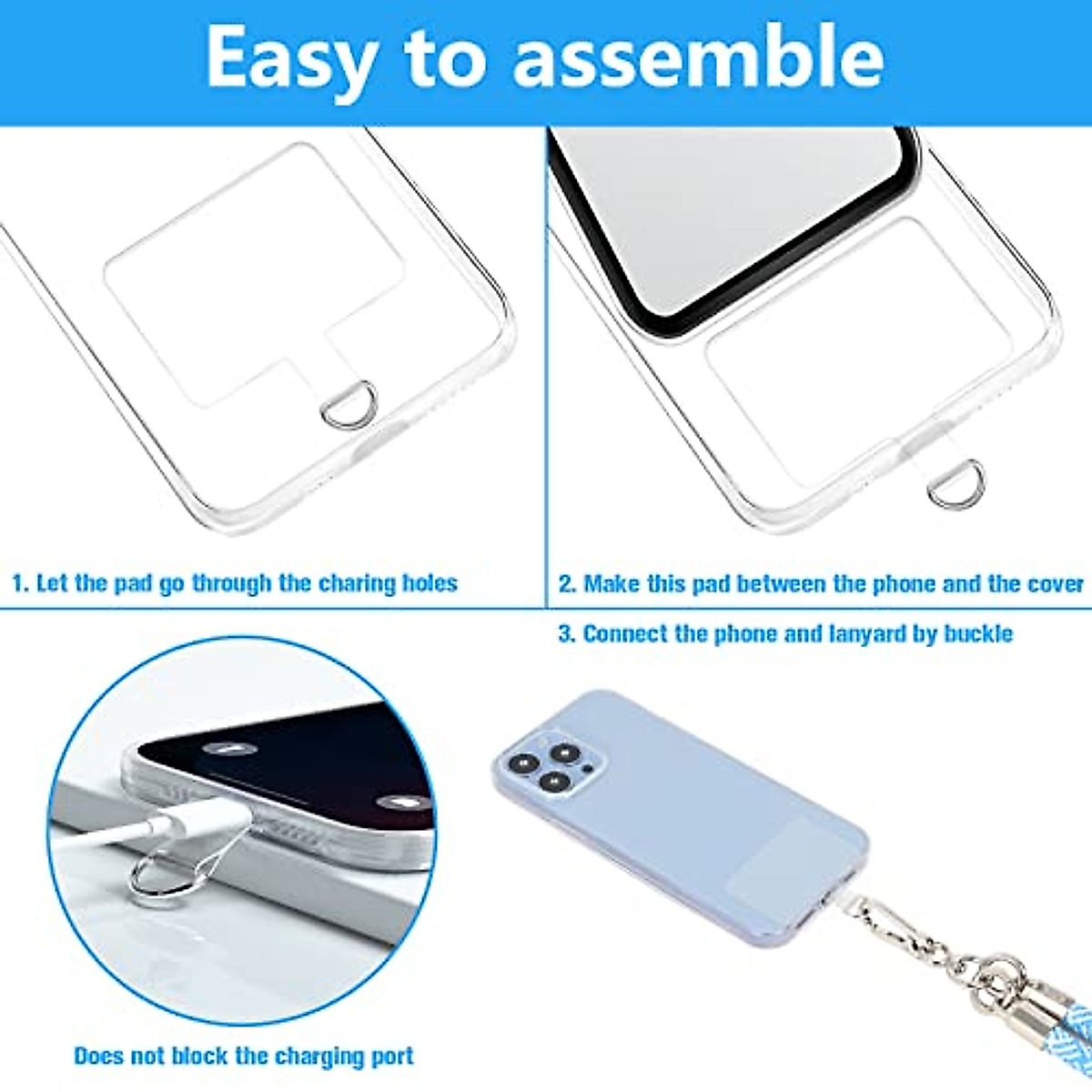 Cell Phone Lanyard Around the Neck, Crossbody Phone Strap with Ring Grip and Transparent Pad for Most Smartphones ID Badges Bagpack Keychain Camera Walking Hiking (BlueWhite, Long)