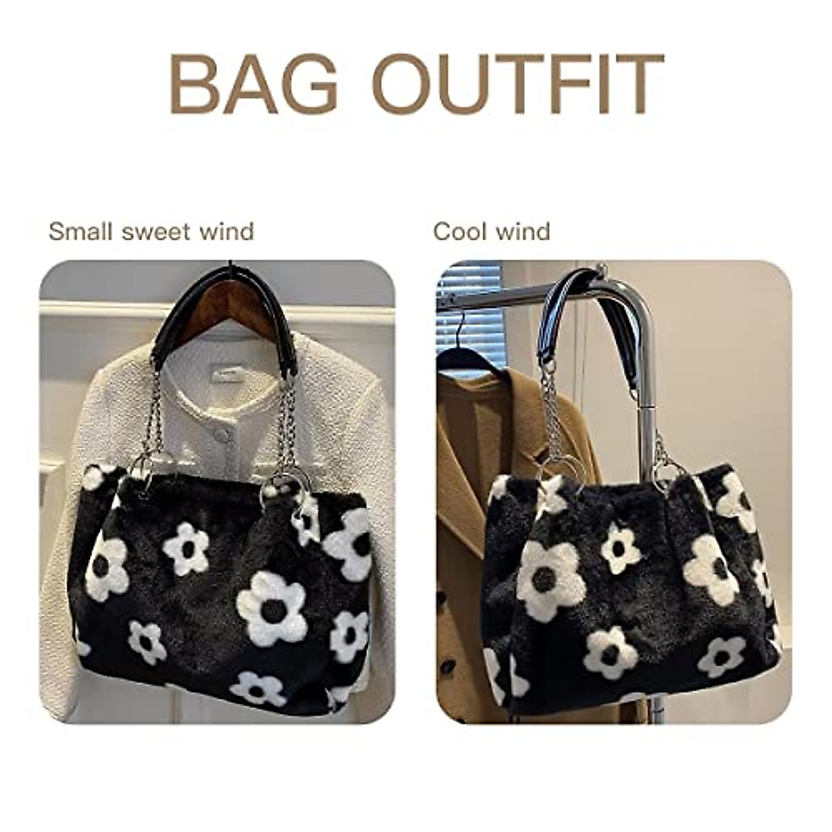 Women Girls Furry Shoulder Bag Fluffy Tote Bag Cute flowers Furry Underarm Bag