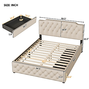 Prohon Queen Size Bed Frame w/ 2 Drawers and Two Sets USB Ports, Upholstered Platform Bed with Button Tufted Trim Headboard, Velvet Linen Wooden Bed Fram No Box Spring Needed, Beige