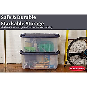 Rubbermaid 28 Gallon Jumbo Clear Tote, Stackable, Large Capacity, Home, Garage, and Office Storage Organizers, Durable Snap-Tight Lids, Clear Bins/Dark Indigo Metallic Lids, Pack of 2