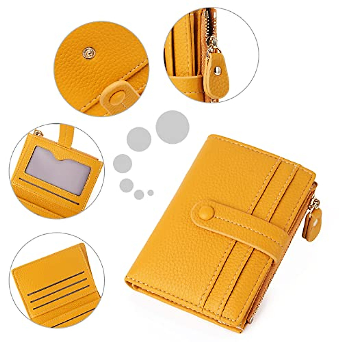 HKCLUF Small Wallet for Women,Genuine Leather Minimalist Bifold Wallets Ladies Credit Card Holder Coin Purse Mini Wallet With ID Window (Yellow)