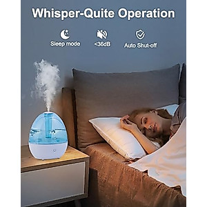 2L Cool Mist Humidifier for Bedroom with Nightlight, 30H Runtime, 360° Nozzle, Auto Shut-Off, Easy to Fill and Clean, Ideal for Home and Baby Nursery