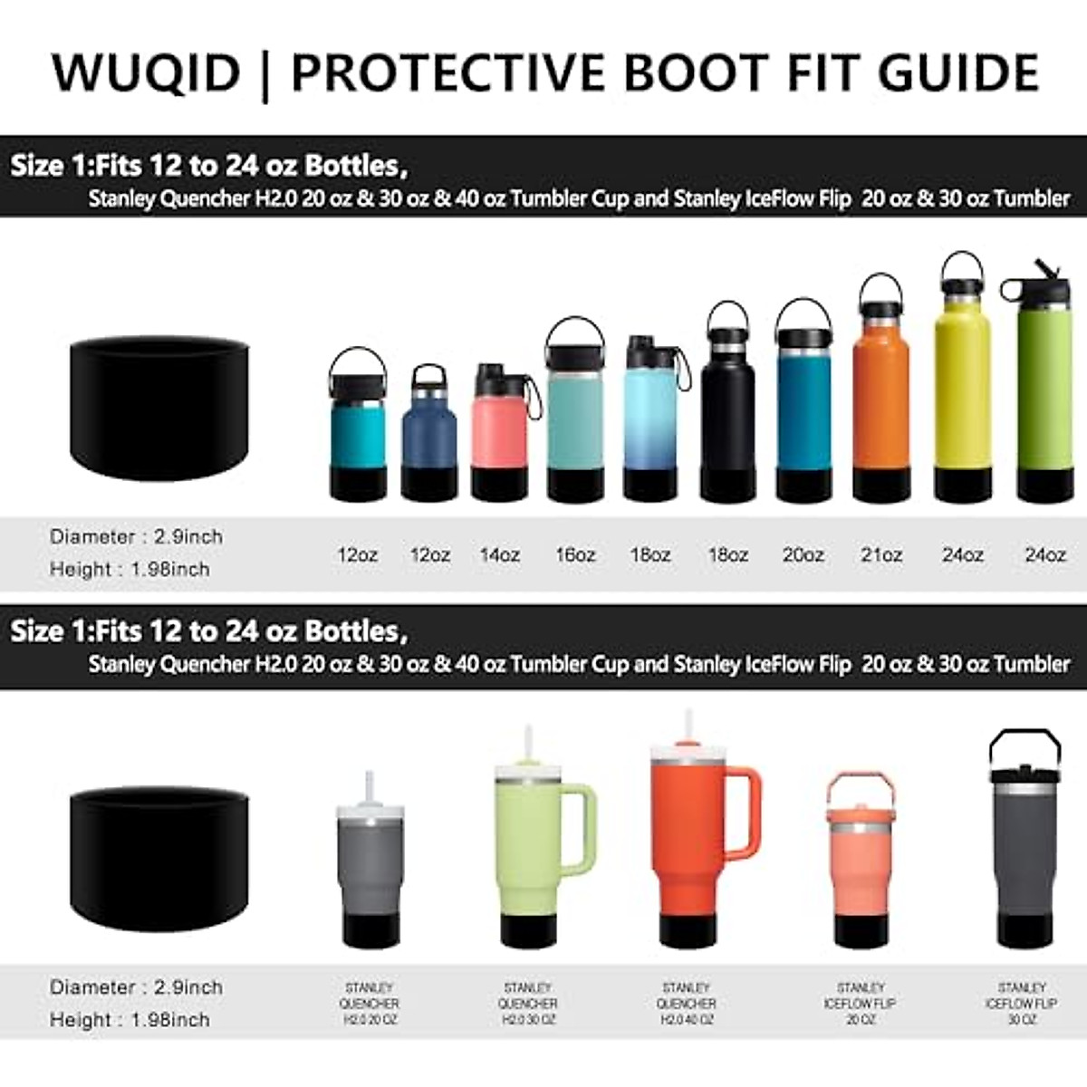 WUQID Protective Silicone Boot Sleeve for 12oz-40oz Hydro Sport Flask/Stanle Water Bottles Tumbler Anti-Slip Bottom Sleeve Cover for All Water Bottles Bottom Width of 2.83-2.95in