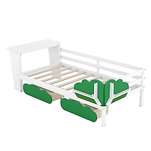 FIQHOME Twin Size Daybed with 2 Storage Drawers and Desk, Wood Kids Twin Bed Frame with Green Leaf Shape Shelves, Twin Sofa Bed Frame for Kids Girls Boys, No Spring Box Required, White