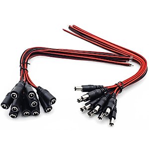 CENTROPOWER 12V 5A DC Pigtail Power Cord (Real 18AWG), w/Male Female Barrel Plug Connector Cable for CCTV Security Camera - 10 Pairs of 5.5mm x 2.1mm Power Adapter Connectors