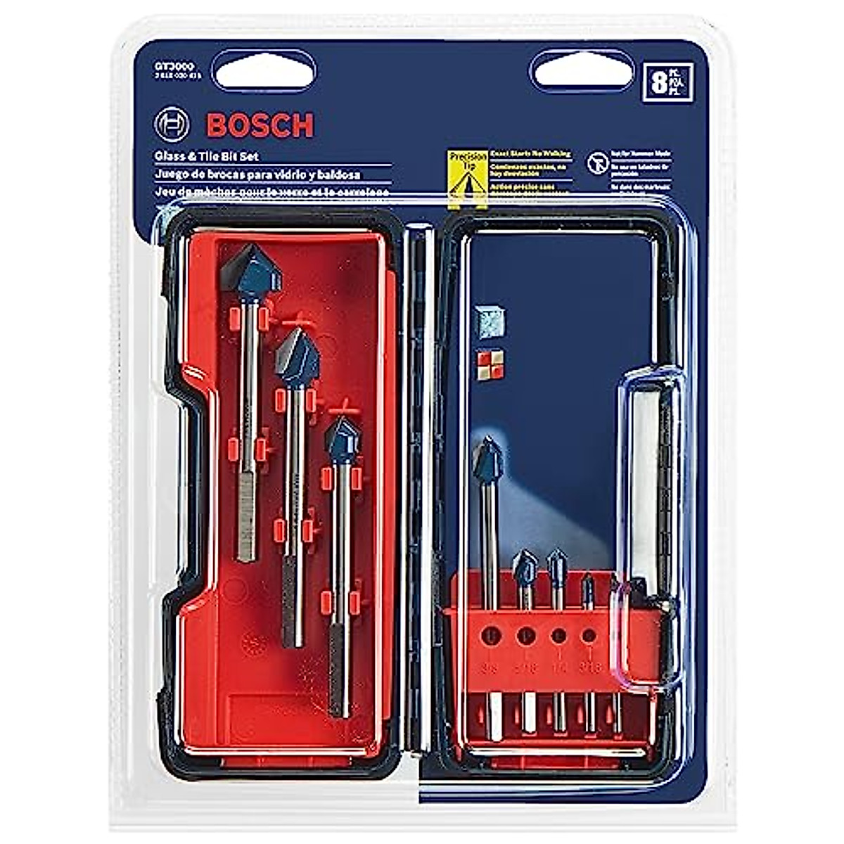 BOSCH GT3000 8-Piece Glass and Tile Carbide Hammer Drill Bits Assorted Set with Included Storage Case for Fast Drilling in Glass and Tile