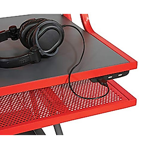 OSP Home Furnishings Glitch Battlestation Gaming Desk with Bluetooth RGB LED Lights, Red