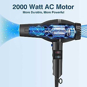 ARDIRO 2000W Professional Hair Dryer, Negative Ionic Salon Hair Blow Dryer for Quick Drying with AC Motor, Hairdryer with Diffuser & Concentrator, 3 Heat & 2 Speed Setting for Women Men Kids -Black