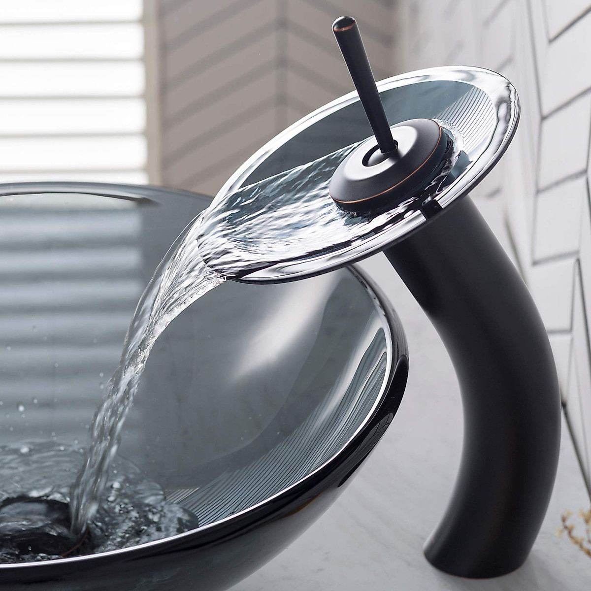 KRAUS Tall Waterfall Bathroom Faucet for Vessel Sink with Frosted Black Glass Disk and Pop-Up Drain, Oil Rubbed Bronze KGW-1700-PU-10ORB-BLFR