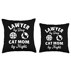 Lawyer Gifts For Women Cat Mom Law School Student Law Women Justice Lawyer by Day Cat Mom by Night Throw Pillow, 16x16, Multicolor
