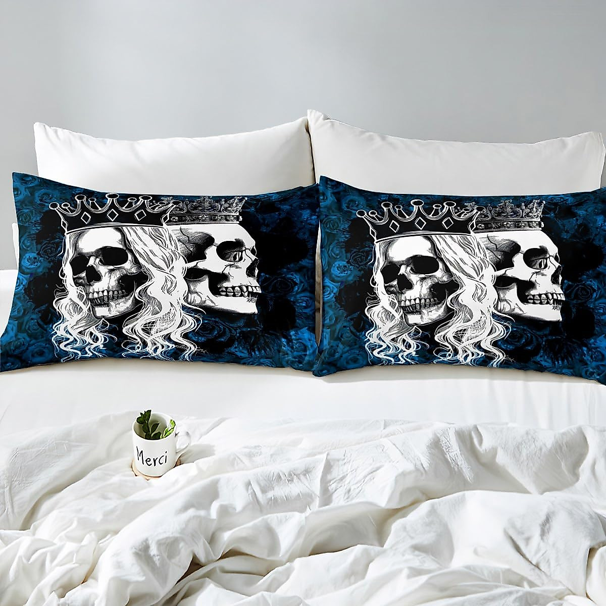 Manfei Gothic Skull Duvet Cover Set King Size, Skeleton Couple Comforter Cover with 2 Pillowcases, Blue Rose Flower Bedding Set 3pcs for Kids Boys Girls Adults Room Decor Lightweight Bedspread Cover