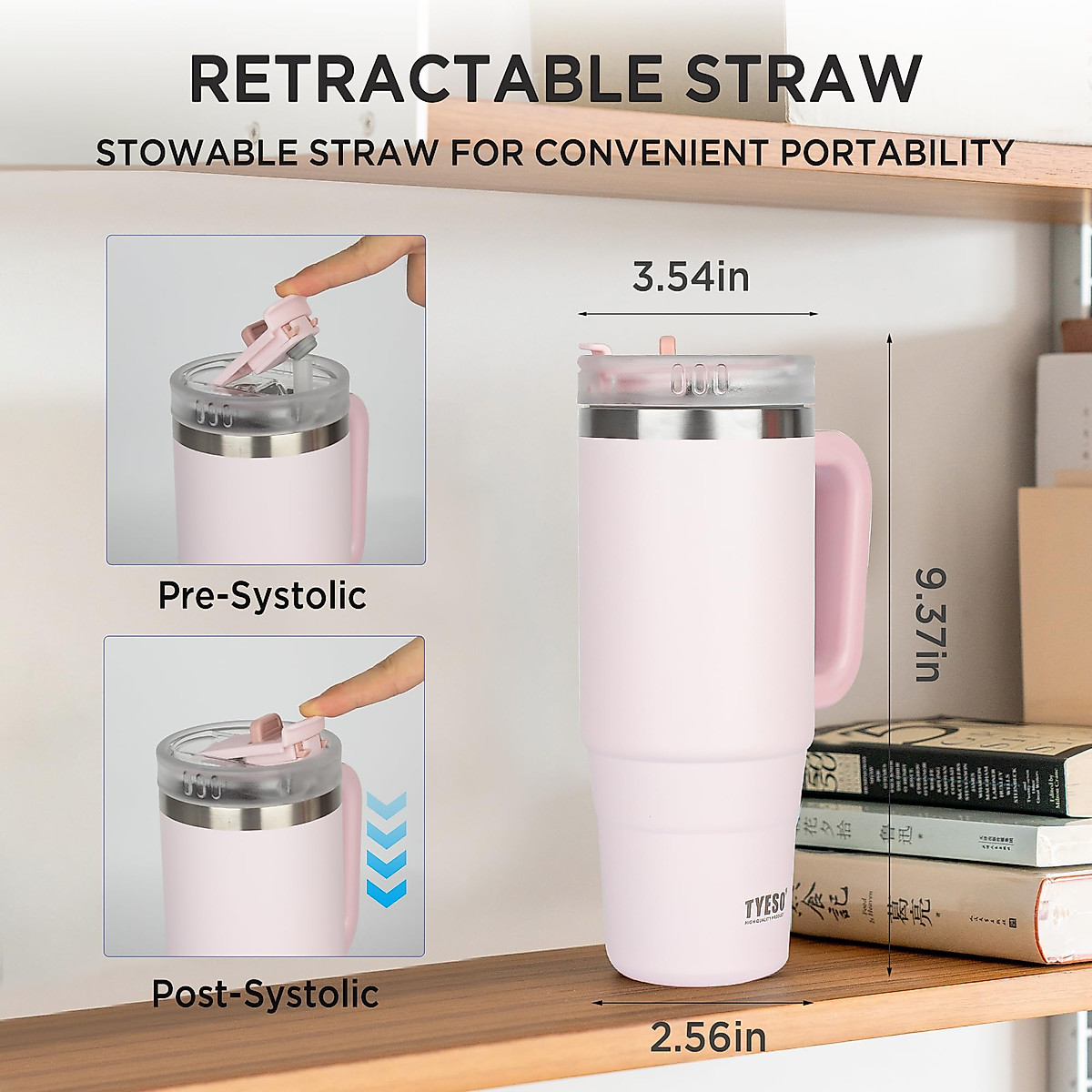 TYESO 30 oz Tumbler with Handle, Straw and Lid - Leak Resistant Insulated Stainless Steel Water Bottle, Car Cup Holder Friendly Travel Coffee Mug Pink - Gifts for Men & Women