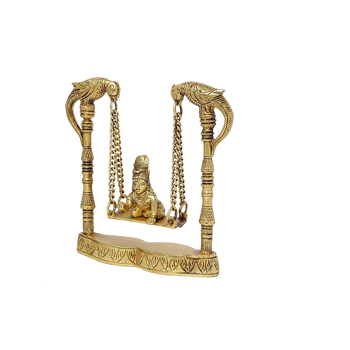 Brass Laddu Gopal Swing Krishna Jhula with Parrot Pillar| Krishna Swing Statue | Handmade Krishna Jhoola Murti | for Home Decor |HomeDecoRatio, Height:8 inches ,Length:6.5 inches ,Width 2 inches