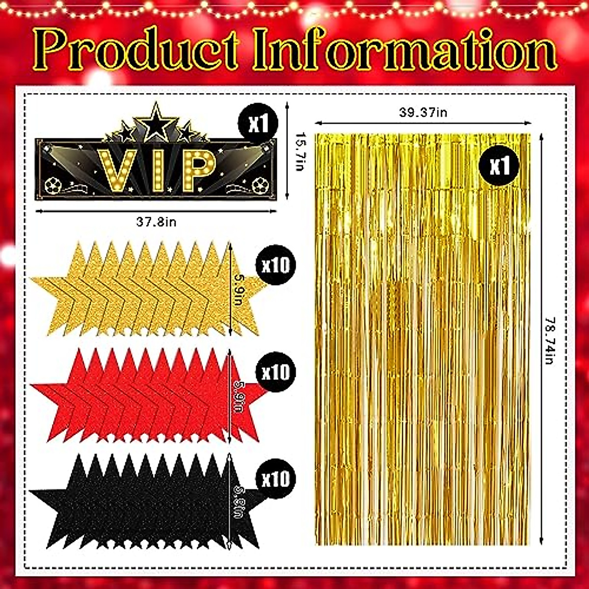 Tigeen 32 Pcs VIP Party Decorations Set 1 Shiny VIP Entrance Decoration 30 Gold Red Black Glitter Star 1 Gold Decorative Door Curtain for Movie Night Party VIP Party Music Award Night Birthday