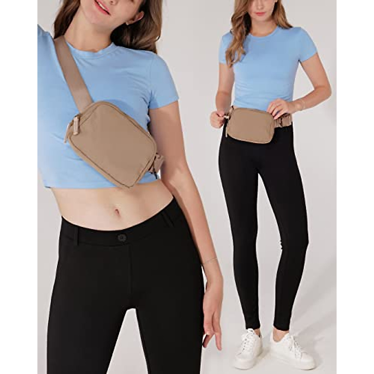 AslabCrew 2-Way Zipper Unisex Belt Bag with Adjustable Strap Fanny Packs Mini Waist Pouch for Outdoor Hiking Running Travel, Rose Brown