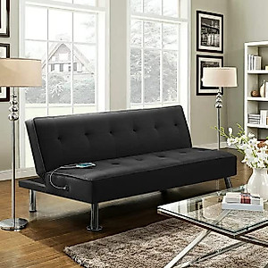 Convertible Folding Futon Sofa Bed,Modern Fabric Sleeper Couch Bed with 2 USB Ports,Recliner Sofa with Chrome Legs for Living Room Dorms Apartment Office