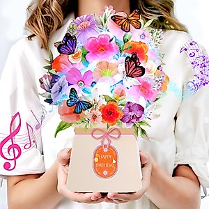 Yinqing Birthday Cards, Light and Music Happy Birthday Card, Lily and Butterflies, 10 Inch Life Sized Forever Flower Bouquet 3D Pop Up Birthday Gift Card for Women Wife Mom Daughter Sister