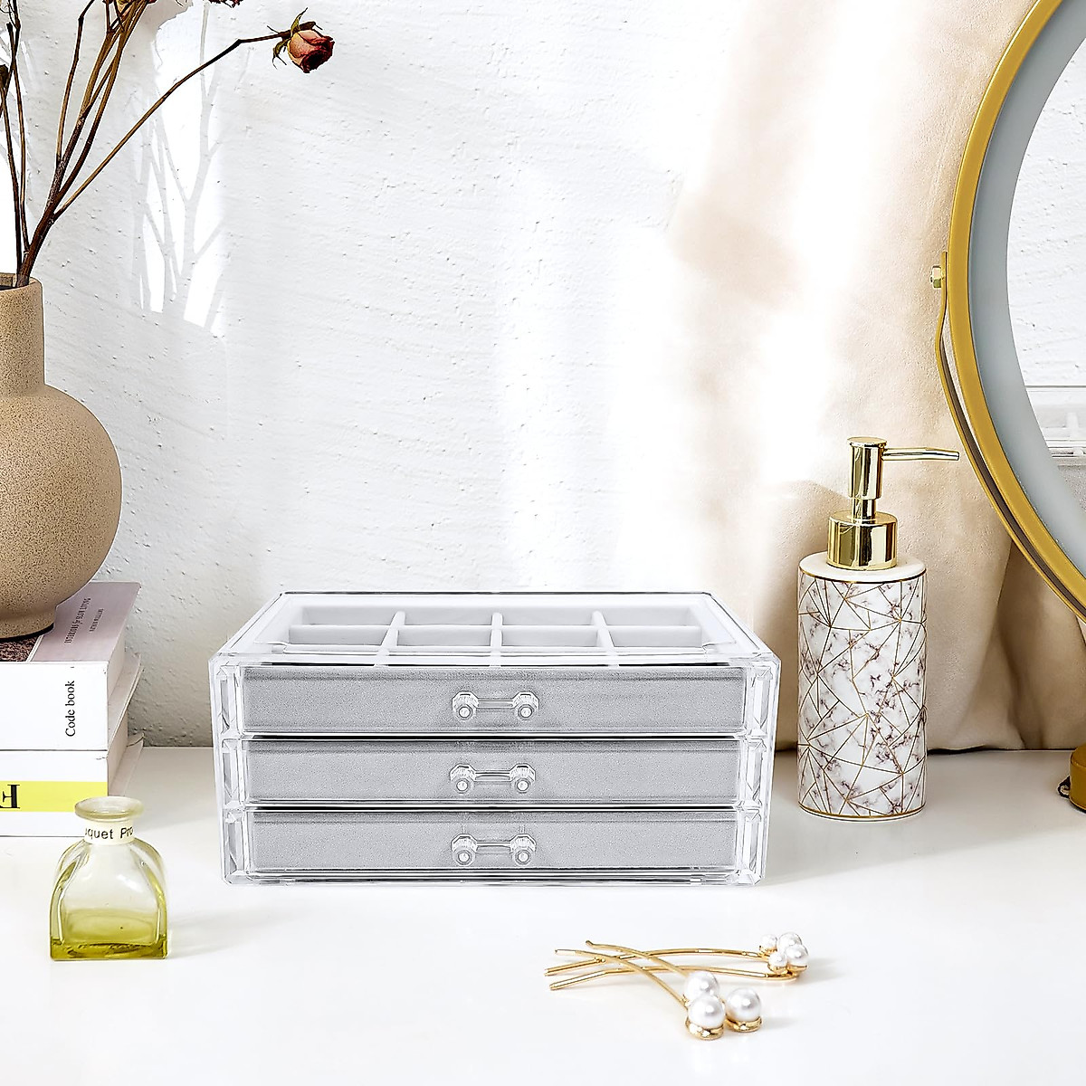 ProCase Earring Holder Organizer Jewelry Box with 3 Drawers, Acrylic Clear Earring Case with Adjustable Velvet Trays for Women - Grey, 3 Layers