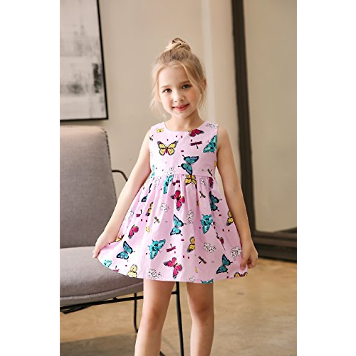 SMILING PINKER Little Girl Dresses Summer Butterfly Kids Toddler Cotton Sundress (Pink, 5 Years)