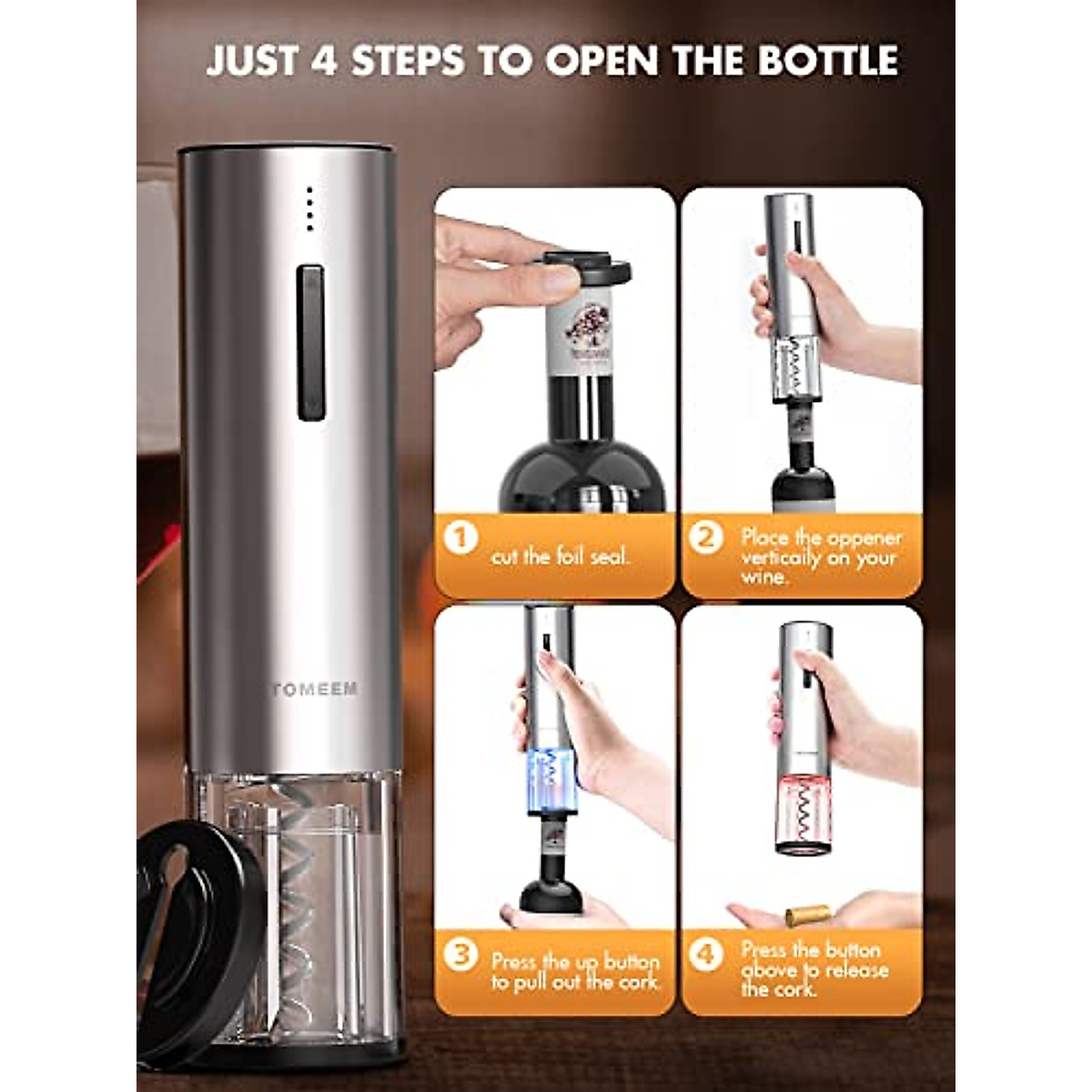 Electric Wine Opener Set, Tomeem Wine Gift Set with Rechargeable Wine Opener, Electric Wine Aerator, Vacuum Stoppers and Foil Cutter, 4-in-1 Electric Wine Bottle Opener for Home Party Bar Outdoor