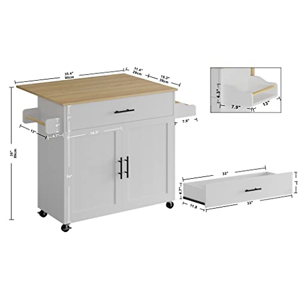 IRONCK Rolling Kitchen Island Table on Wheels with Drop Leaf, Storage Cabinet, Drawer, Spice Rack, Towel Rack, Kitchen Cart, White