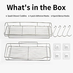 Go Green Tableware GOGN Shower Caddy Shelf with 4 Hooks,Adhesive Shower Organizer for Bathroom Storage,304 Stainless Steel,No Drilling and Wall Mounted,2 Pack (Silver)