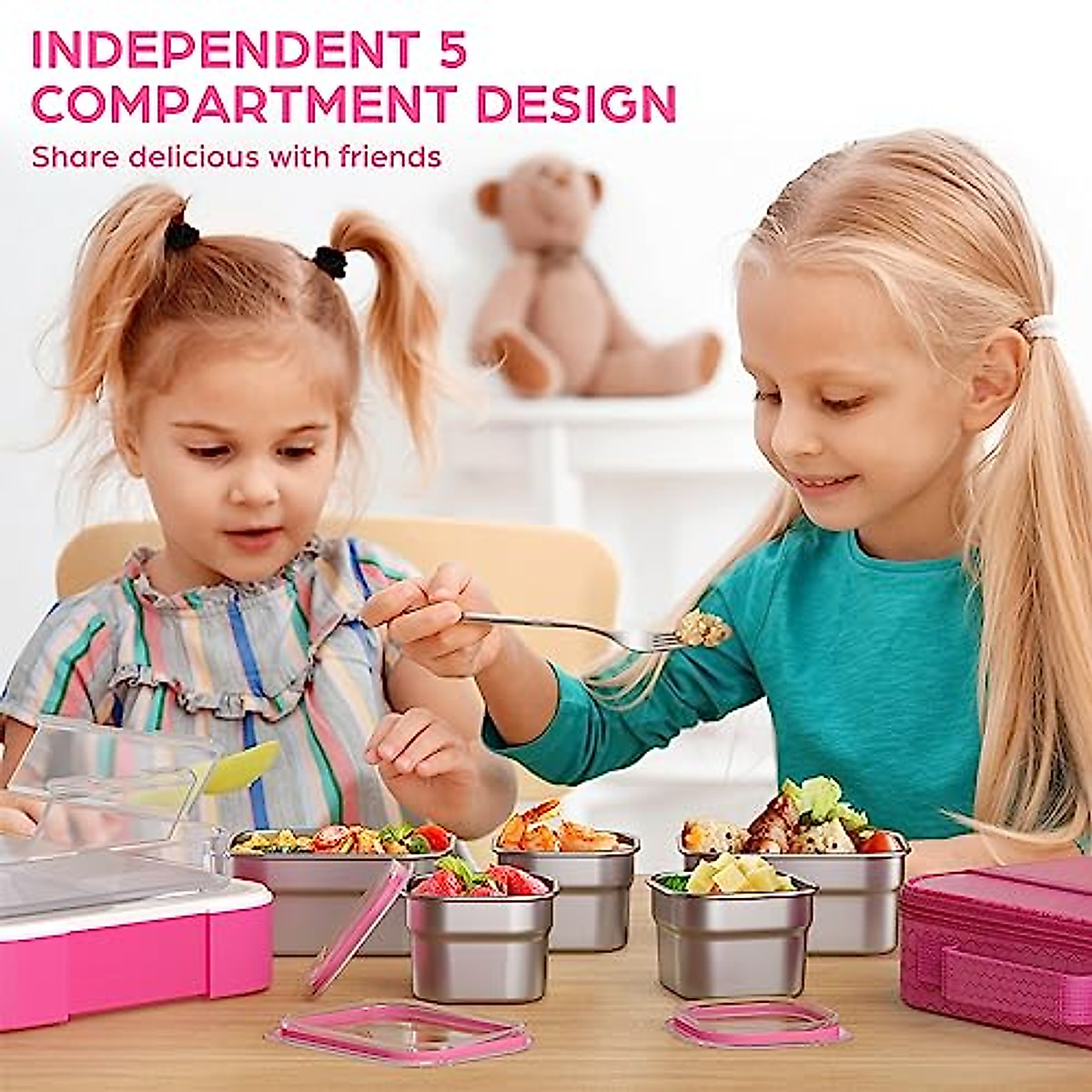 TIME4DEALS Stainless Steel Bento Lunch Box Kids Adult - Leak Proof School Lunch Container with 5-Compartment and Fork Lunch Bag Set for Toddler Child Bento Box for Work Picnic Outdoor, BPA-Free (Pink)