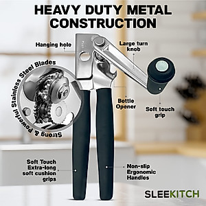 Sleekitch Commercial Can Opener Manual Heavy Duty, Hand Crank Can Opener, Large Handheld Can Opener Easy for Big Cans, Swing Grip Design, Manual Can Opener with Comfortable Easy Crank Handle, Black