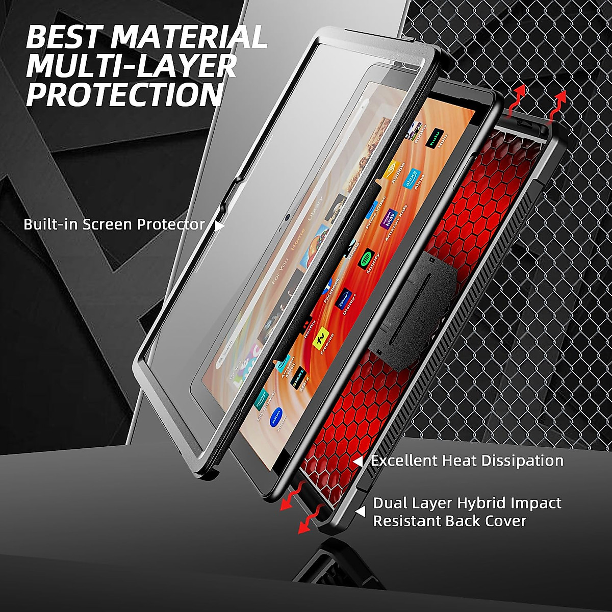 Amazon Fire HD 10 & Fire HD 10 Kids Pro Tablet Case (Only 13th Gen, 2023 Release), DJ&RPPQ Full Body Rugged Hands-Free Viewing Stand Back Cover with Screen Protector, Also for 10in Sony Nokia - Black