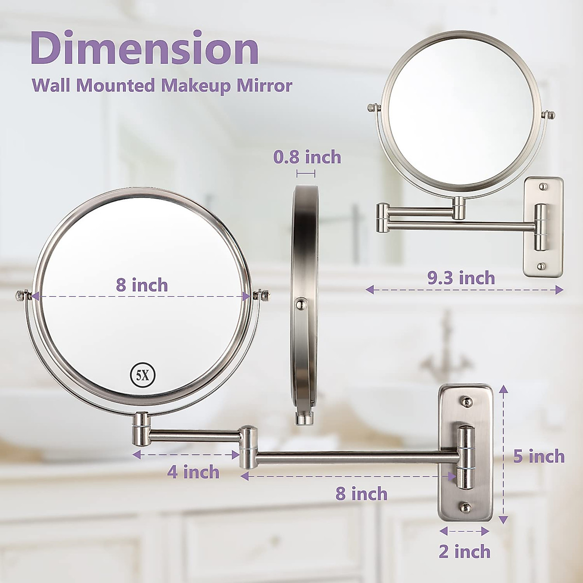 Wall Mounted Makeup Mirror, 1X/5X Magnifying Mirror Double Sided, 8 Inch Extendable Bathroom Mirror for Shaving, Nickel