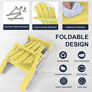 ABCPATIO Folding Mini Plastic Adirondack Chair - Outdoor Comfortable Adirondack Chairs, Weather Resistant Patio Folding Seating for Patio, Porch, Deck, Pool, Garden, Backyard (Yellow/White)