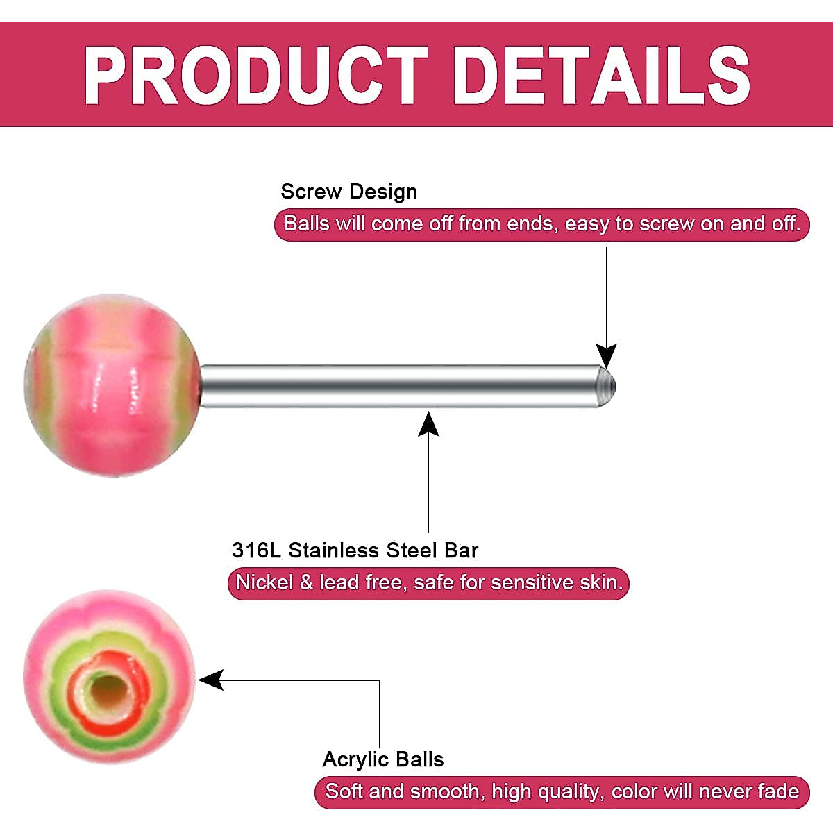 CABBE 100pcs Tongue Rings Surgical Stainless Steel Assorted Candy Pattern Bulk 14G Stright Barbells for Men Women Body Piercing Jewelry