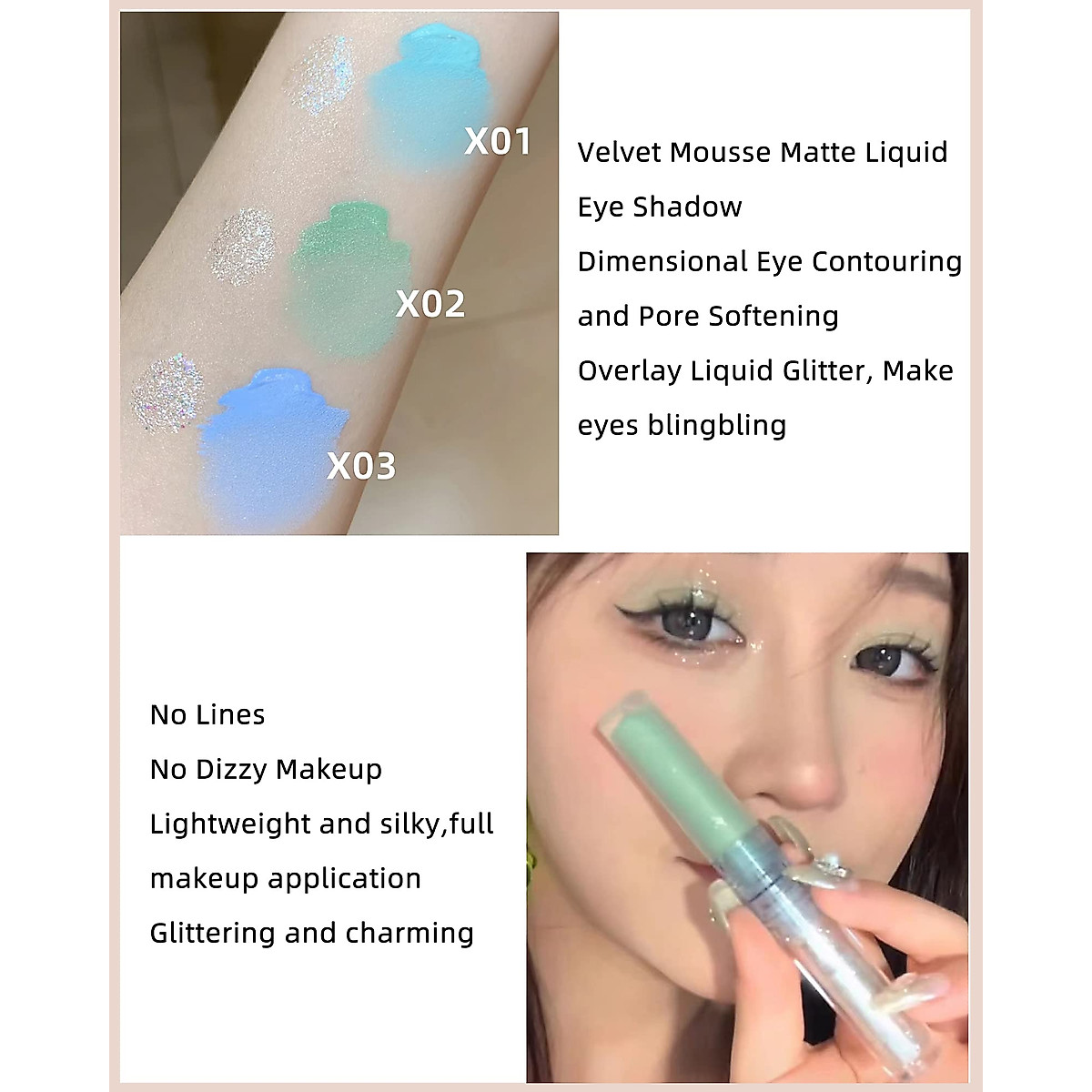LYSdefeu 2 in 1 Long Lasting Glitter Liquid Matte Eye shadow, Green Blue Shimmer Liquid EyeShadow Kit – 3 Pcs High Pigmented Velvet Cream Eyeshadow Eyeliner Stick, Create Korean Eye Makeup