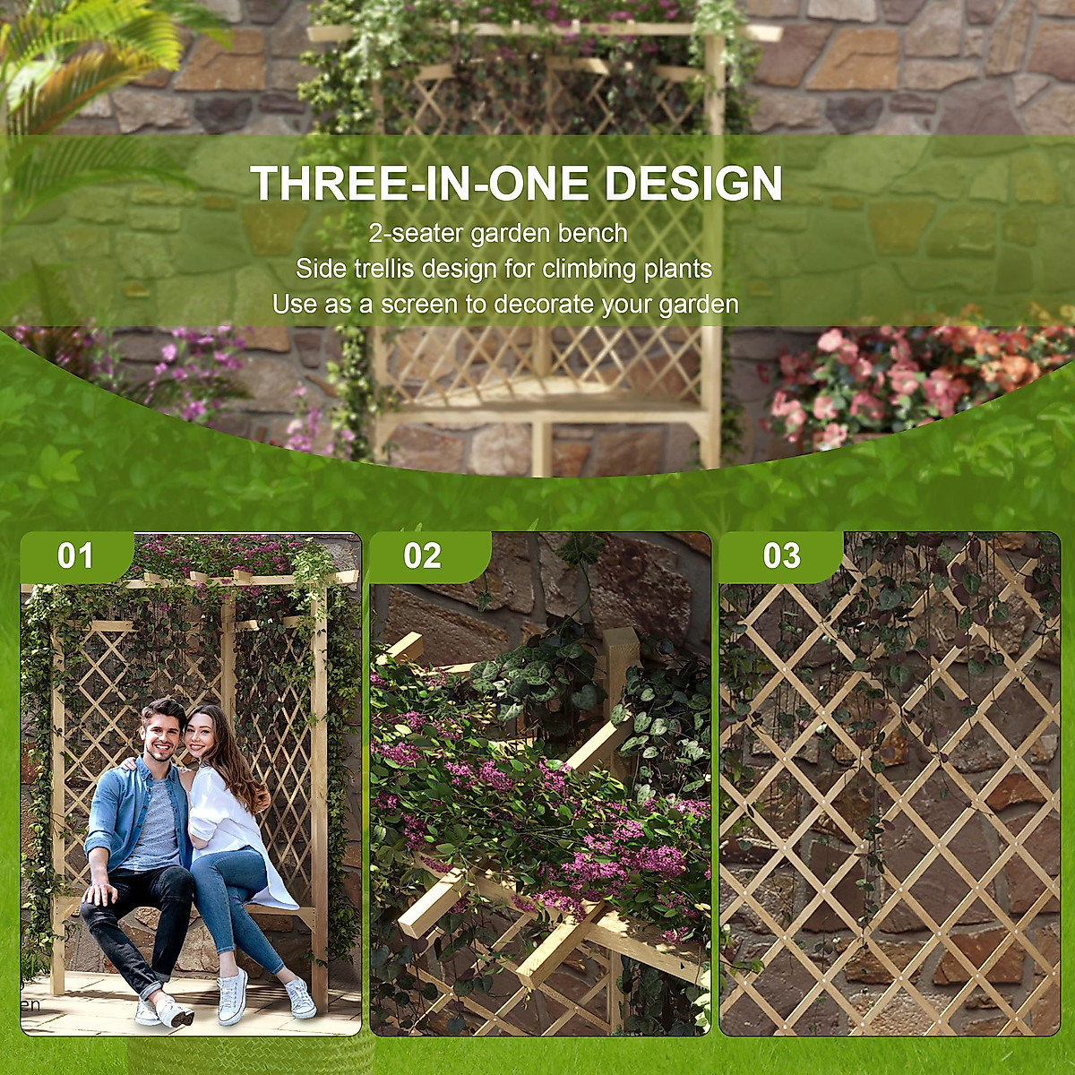 Outsunny 55" Garden Arch Bench, Lattice Backrest for Climbing Plants and Vines Outside On Lawn, Porch, Deck, Wooden Trellis Park Bench for Outside with Slatted Seat, Natural