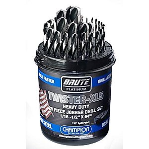 Champion Cutting Tool Brute Platinum Twister-XL5 29 Piece 1/16"-1/2" x 64ths HSS Jobber Drill Bit Set-135 Deg Split Point, Water Resistant Index-MADE IN USA