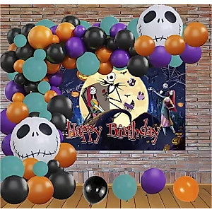 121 Pcs Nightmare Christmas Balloon Arch Kit, Halloween Decoration Set, blue purple orange black latex balloons,Halloween Foil Balloons and background, for Halloween party Decoration
