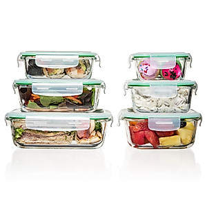 Fusion Gourmet Glass Meal Prep Containers with Lids [6 Pack] Storage Containers, Leak proof, Airtight Locking Lids, Microwave, Oven, Freezer & Dishwasher Safe