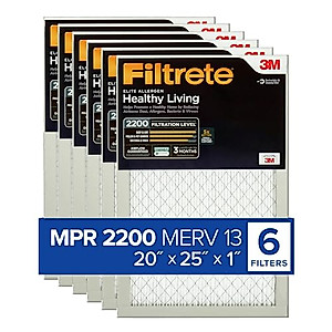 Filtrete 20x25x1 AC Furnace Air Filter, MERV 13, MPR 2200, Elite Allergen, Bacteria & Virus Filter, 3-Month Pleated 1-Inch Electrostatic Air Cleaning Filter, 6-Pack (Actual Size 19.69x24.69x0.78 in)