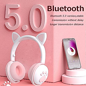 Wisoqu Cute Cat Ear Glowing Wireless Bluetooth Headphone HiFi Sports Folding Headset with Led Light Cat Ear Bluetooth Headphones Over Ear Childrens Foldable Headphones(Milk Powder White)