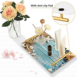 Seashells on Sand Bathroom Sink Vanity Trays With Gold Handles Starfish Palm Leaf Countertop Organizer Tray Acrylic Makeup Perfume Tray Dresser Tray Holder Decor Tray For Candle Small Plant Coffee