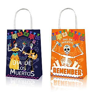 YVAINE 12 Pieces Day of The Dead Gift Bags with Handle Dia De Los Muertos Paper Party Favor Bags Sugar Skull Paper Bag for Halloween Birthday Party Decoration Mexican Fiesta Party Supplies