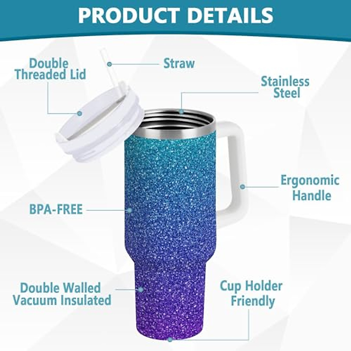 RPLIFE Green Purple Glitter Stainless Water Bottle, Insulated Tumbler with Straw, Tumblers for Women