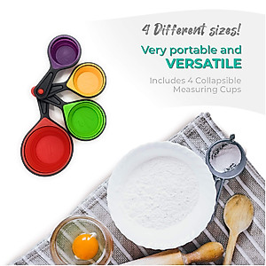 Collapsible Silicone Food Storage Containers - 16 Pcs Set with Lids Made by Silictek - Food Grade Travelling Measuring Cups - Measuring Spoons & Sporks- Portable & BPA Free - 4x Each