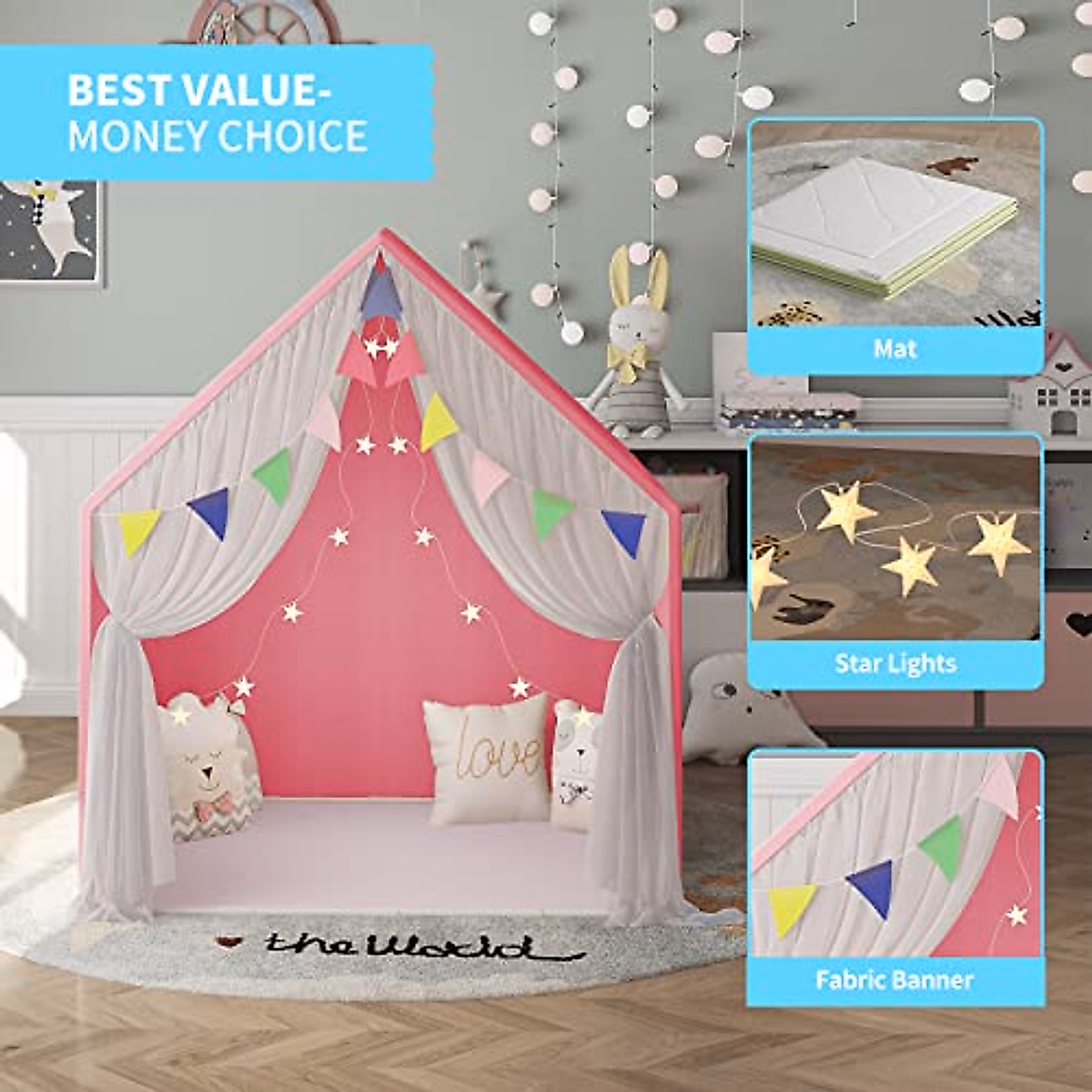 cuoote Kids Tent, Indoor & Outdoor Toddler Tent,Kids Play Tent, Large Kids Playhouse, Natural Canvas Washable Foldable Kids Play Tent for Toddler Girls Boys,Pink