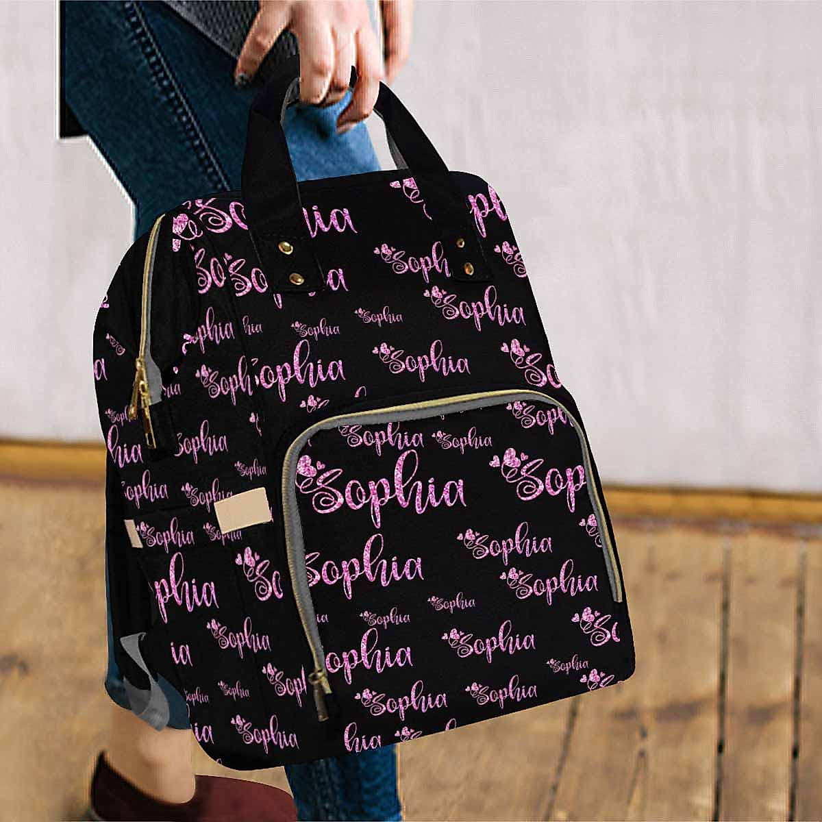 Personalized Diaper Backpack with Name, Pink Sparkle Name Logo Text Black Custom Diaper Bag Baby Nappy Bag Shoulder Bag Casual Daypack Bag for Mom Dad Multifunctional Travel