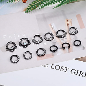 Ubjuliwa 12pcs Septum Jewelry 16g Daith Earrings Hinged Hoop Nose Rings Septum Clicker Cz Stainless Steel Cartilage Earring Helix Tragus Daith Piercing Jewelry 8mm Black