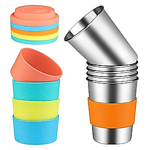 KEREDA Kids Stainless Steel Cups With Silicone Lids & Sleeves, 5 Pack 8 oz. Drinking Tumblers Eco-Friendly BPA-Free for Children and Toddlers, Adults