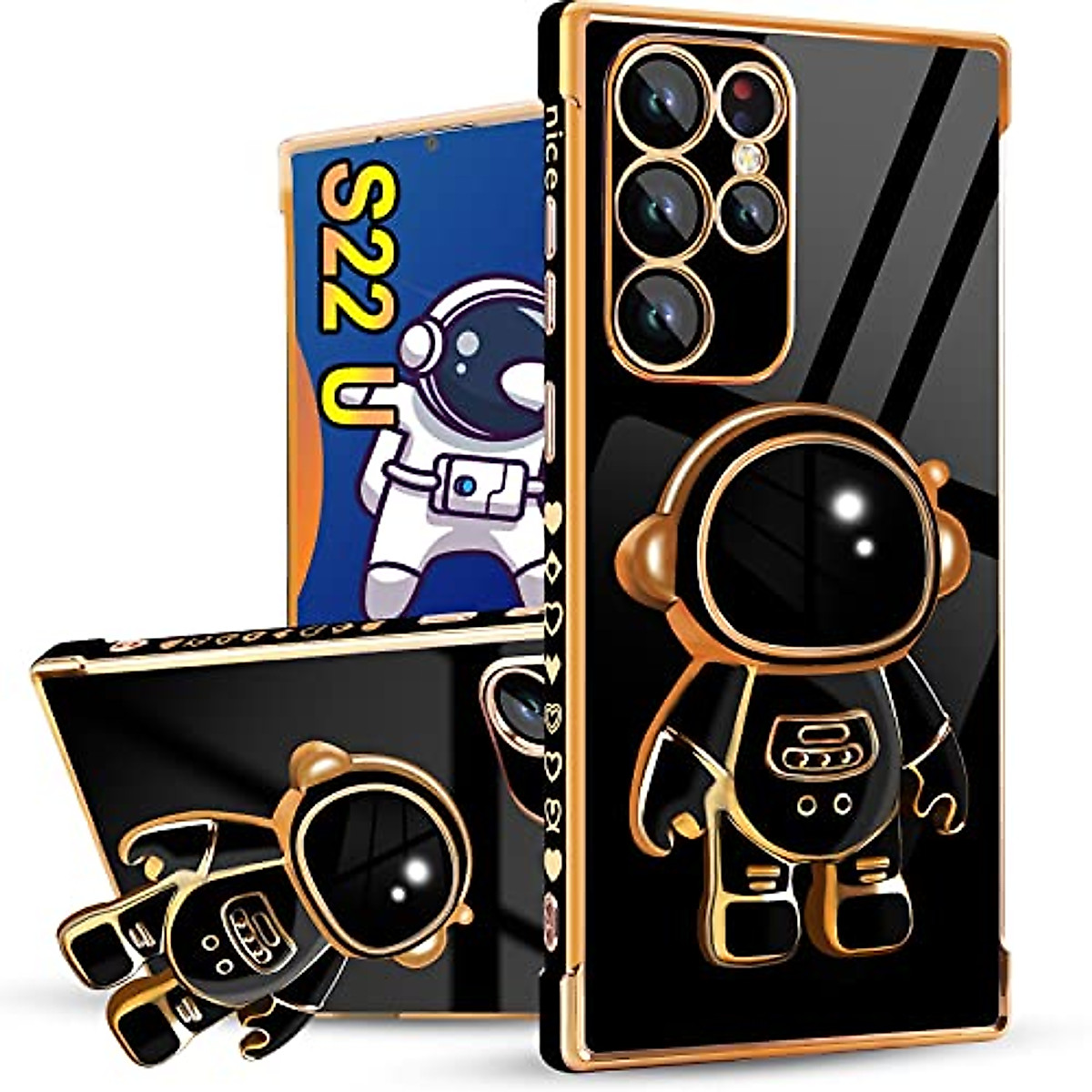 Jusy Samsung Galaxy S22 Ultra 5G Case - 6D Plating Astronaut Stand, Camera Protector, Shockproof Bumper, Love Heart Theme, Elegant Design for Girls & Women - Black