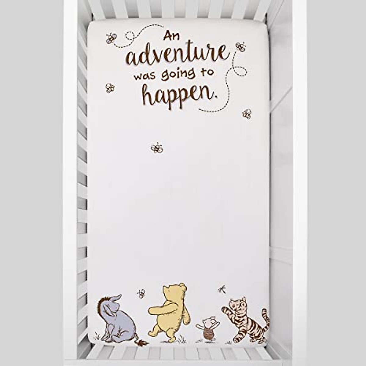 Disney Classic Pooh Hunny Fun with Piglet, Eeyore and Tigger White 100% Cotton Photo Op Nursery Fitted Crib Sheet